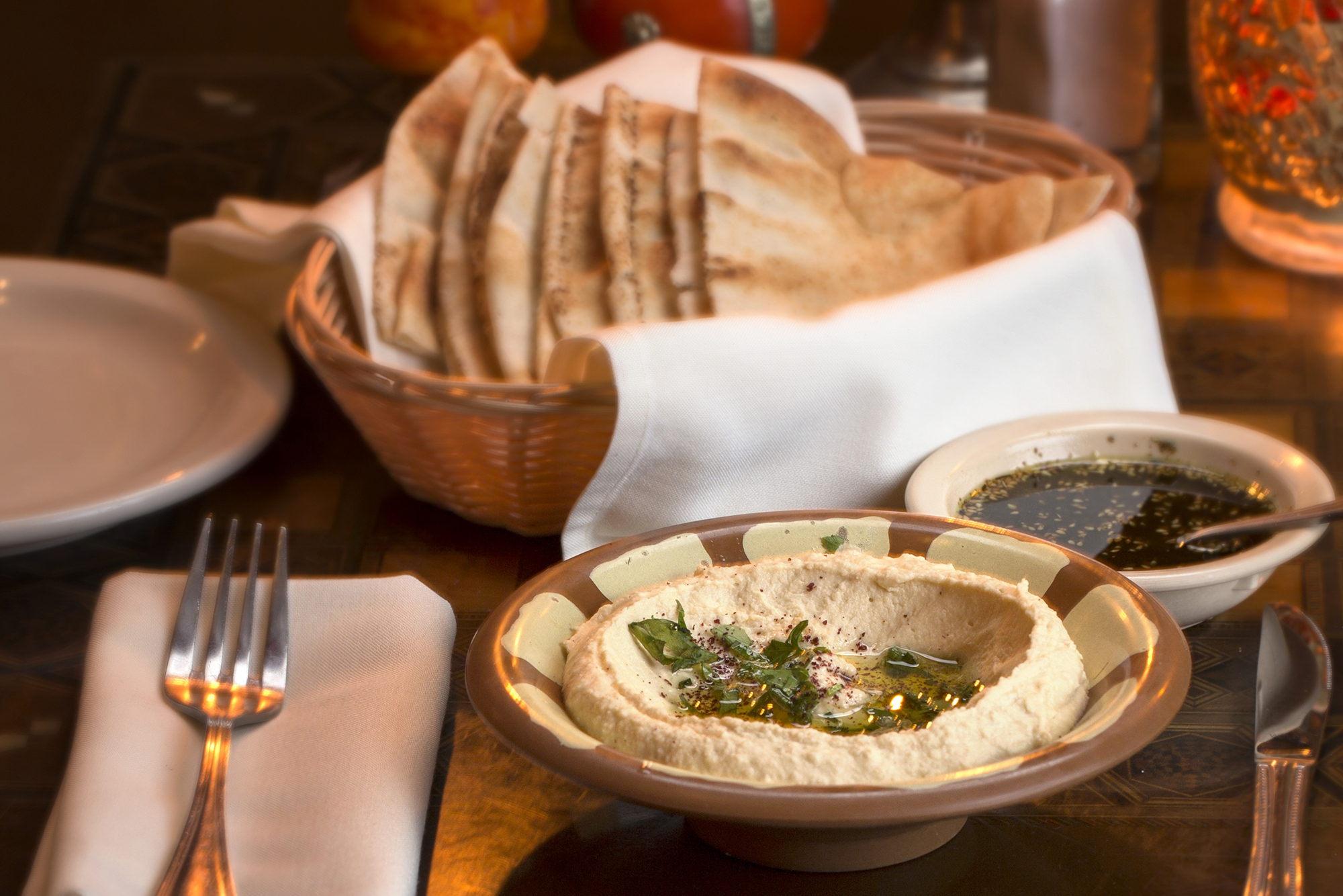 Hummus appetizer, dip of chick peas, tahina, lemon juice & olive oil ...